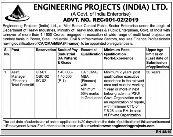 Engineering Projects India Ltd Recruitment 2020 for Graduate Apprentices